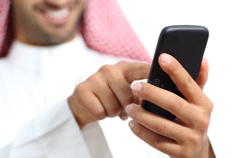 Arab Saudi Emirates Man Hand Texting in a Smart Phone Stock Image ...