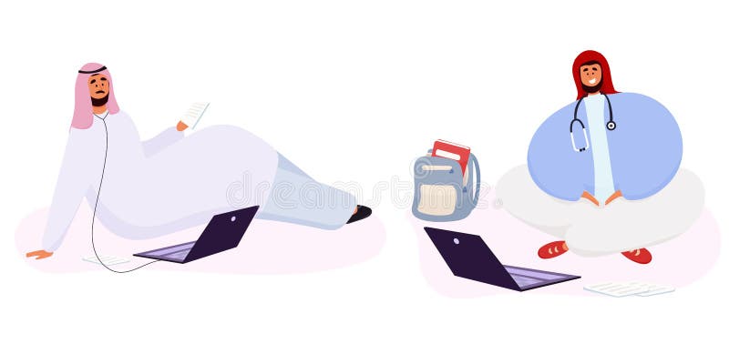 Arab Students Studying. Muslim Men at the Computer in Traditional ...