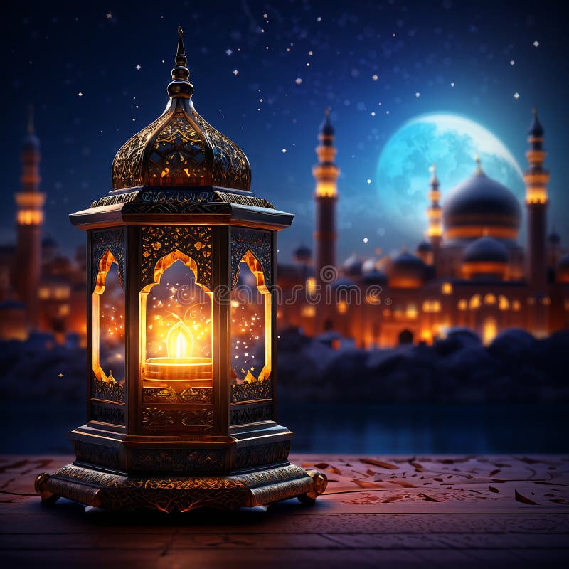 Arab Style Lantern in the Night Scene, Mosque Background with Full Moon ...