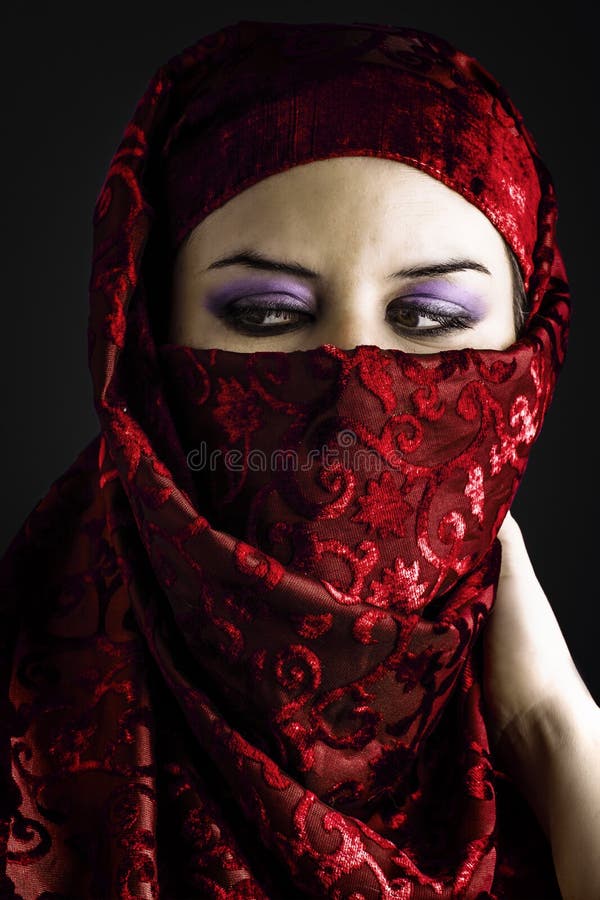 Arab Young with Traditional Red Veil, Eyes Intense, Mystical Beauty ...