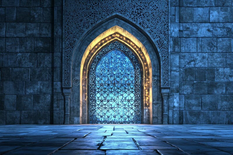 An Arabesque Arch with Backlighting, with Blue Rays Shining through a ...