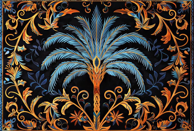 Arabesque Patterned Embroidered Palm Tree in Traditional Islamic Art ...