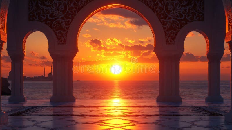 Arabian Architecture Sunset Ocean View Stock Illustration ...