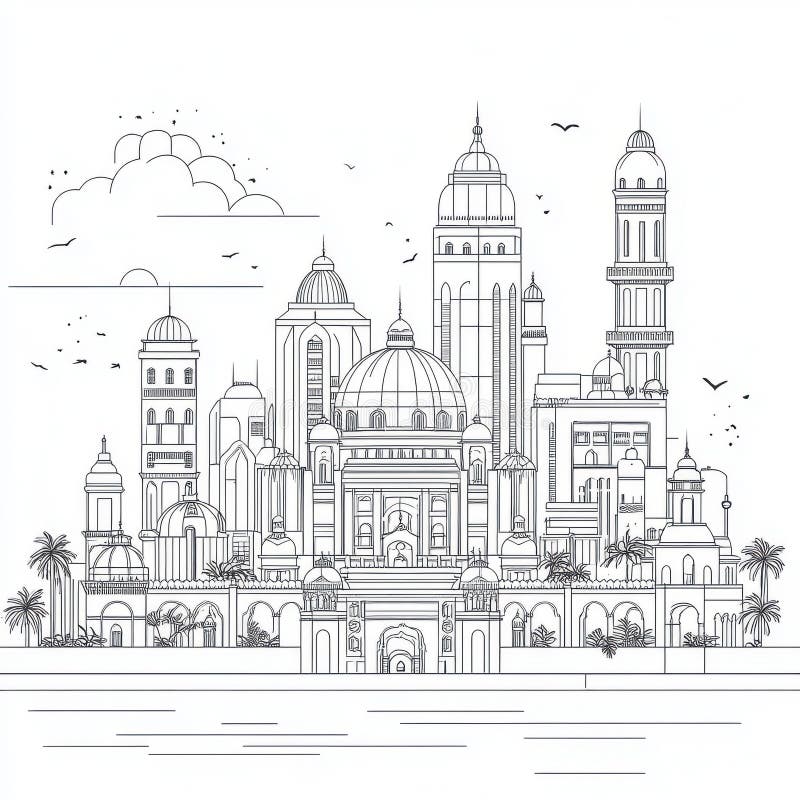 Arabian Cityscape Line Art Skyline Architecture Design Stock ...