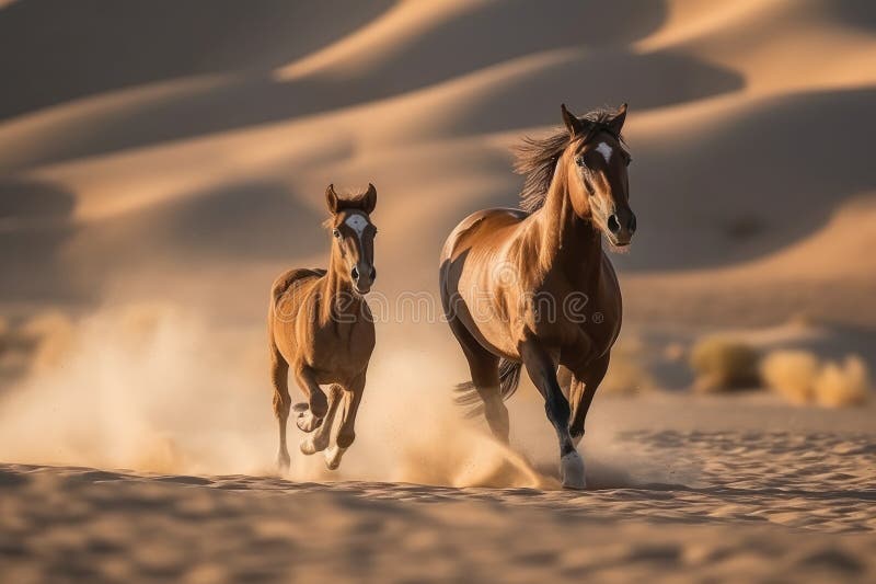 Arabian Horse and Calf Running in the Desert. Generative AI Stock ...