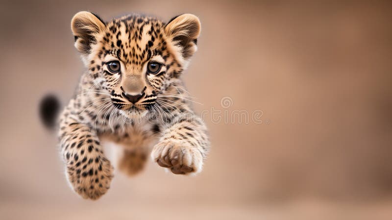 An Arabian Leopard Cub Leaps Energetically in a Studio Environment ...