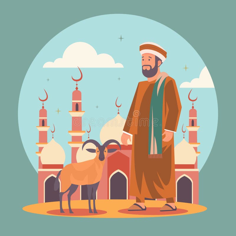 Arabian Muslim Man with Sheep Goat in Front of Mosque for Islamic Eid ...
