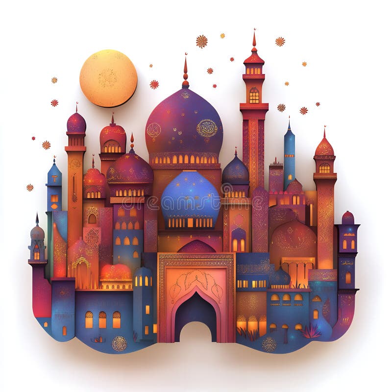 Arabian Nights Cityscape Illuminated Mosques and Palaces Under the Moon ...