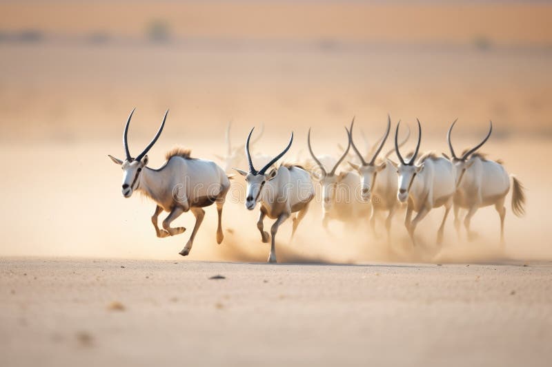 Arabian Oryx Herd Moving through a Desert Dust Storm Stock Image ...