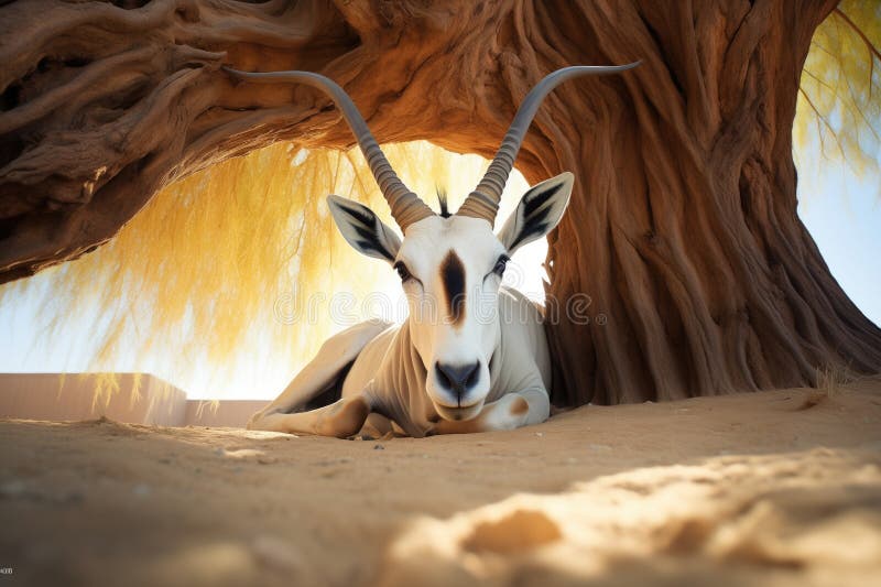 An Arabian Oryx Nestled Under a Desert Acacia Tree for Shade Stock ...