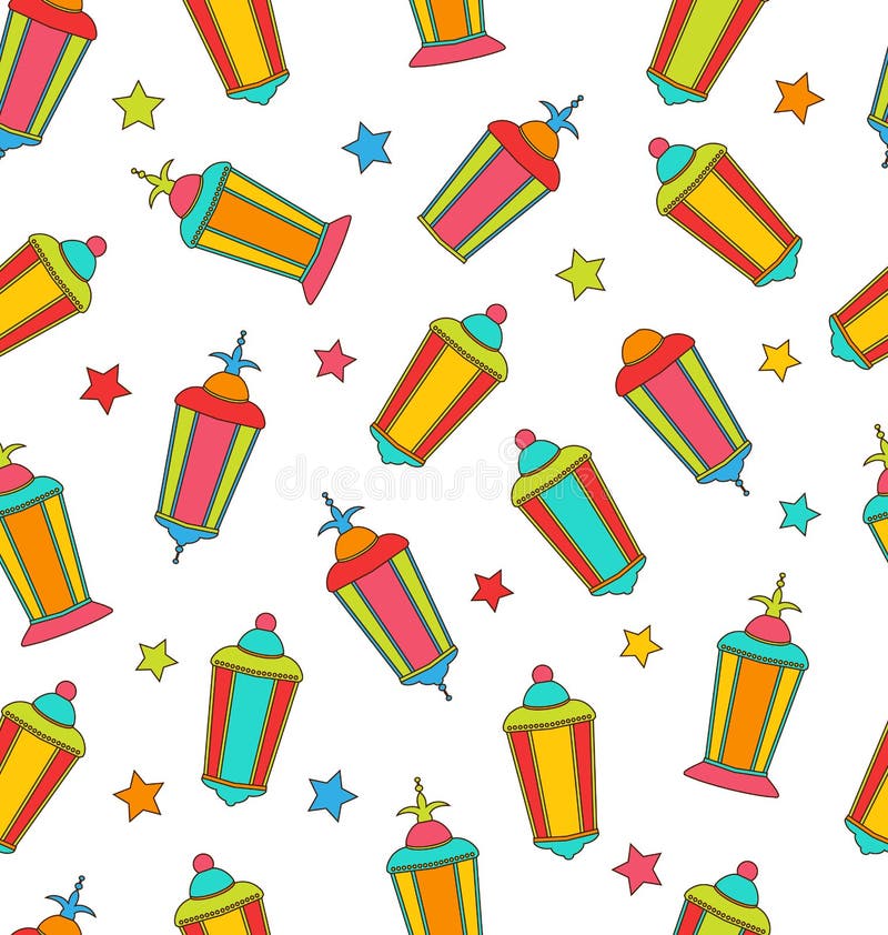 Oriental Seamless Pattern with Arabic Lamps, Crescents, Stars Stock ...