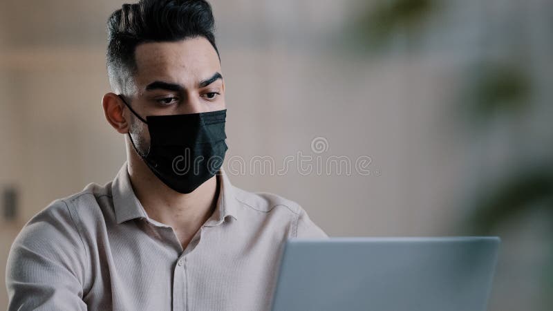 Arabian Sick Businessman in Medical Mask Designer Programmer Typing on ...