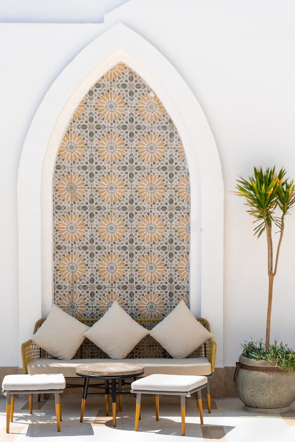 Arabian Style Terrace Exterior with Sofas, Tables, Stools and Pillows ...