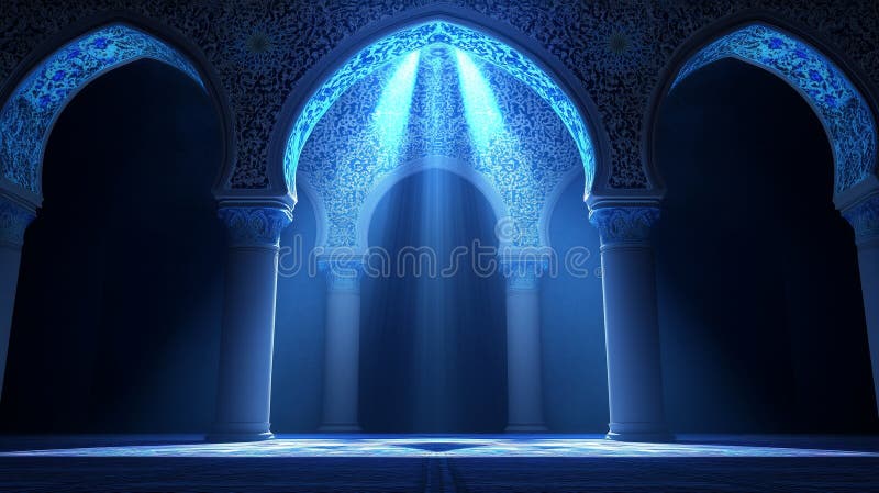 Arabic Archway with Blue Light Rays and Arabesque Patterns Stock Photo ...