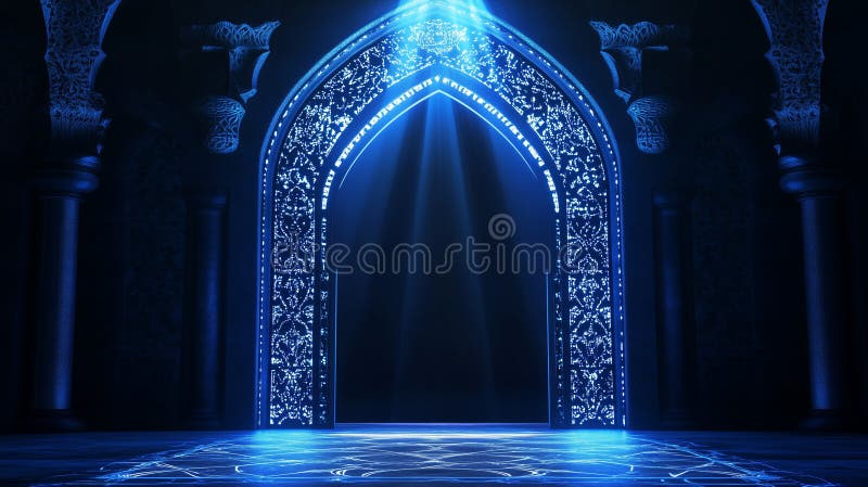 Arabic Archway with Blue Light Rays and Arabesque Patterns Stock Photo ...