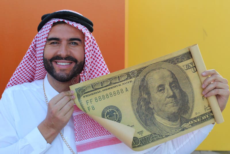 Arabic Businessman Showing a Gigantic 100 Dollars Bill Stock Image ...