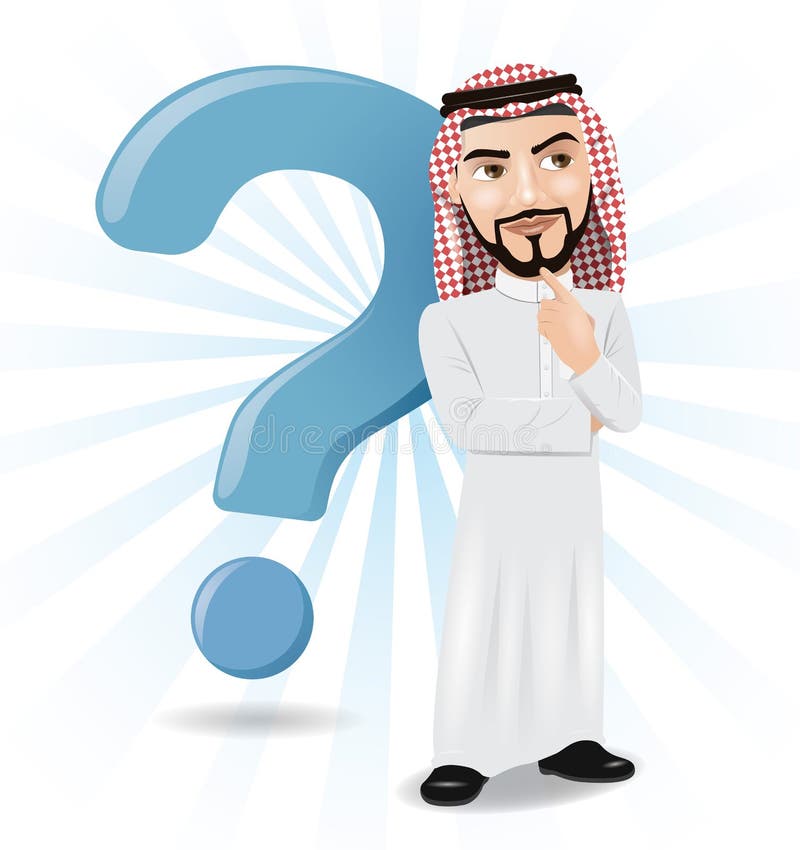 Illustration of Arabic Man Thinking with Big Question Mark Background ...