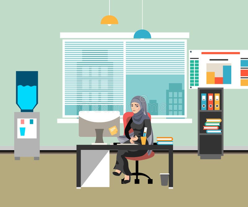 Arabic Businesswoman Working on Computer. Stock Vector - Illustration ...