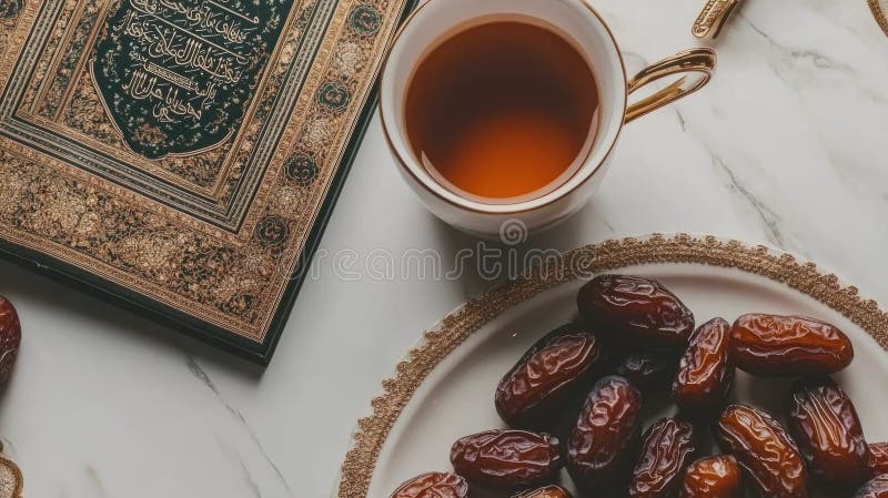Arabic Calligraphy Book with Cup of Tea and Plate of Dates on Marble ...