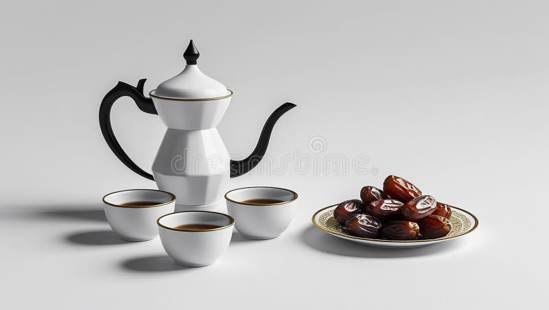 Arabic Coffee Pot (Dallah) with Dates and Small Cups on White ...