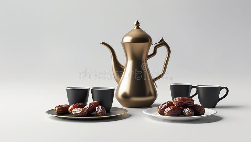 Arabic Coffee Pot (Dallah) with Dates and Small Cups on White ...