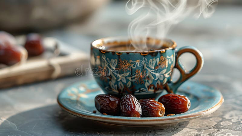 Arabic Coffee Served with Dates in an Ornate Cup, Capturing a Cultural ...