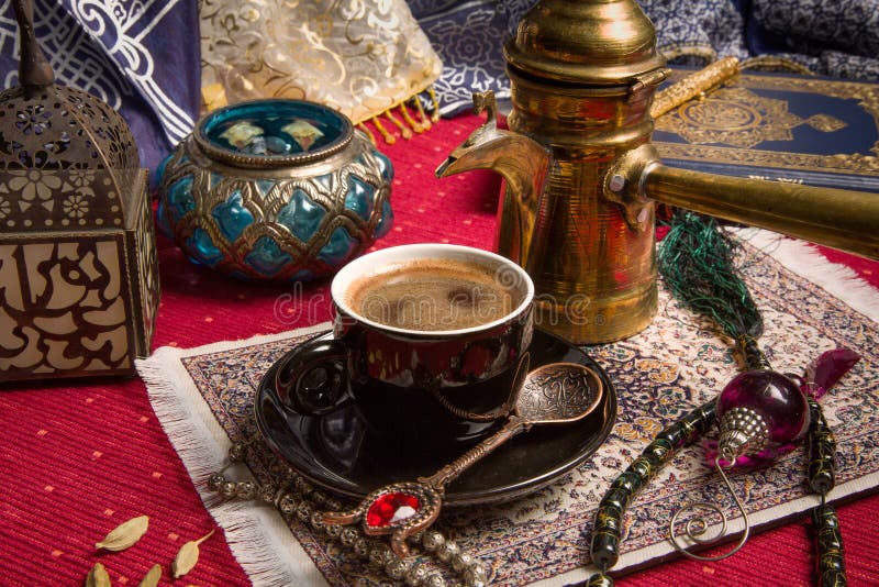 Still Life with Traditional Luxury Golden Arabic Coffee Set with Dallah ...