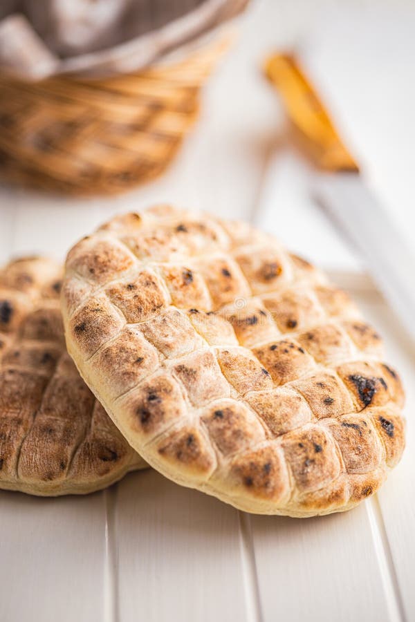Arabic Flat Pita Bread on White Table Stock Photo - Image of arabian ...