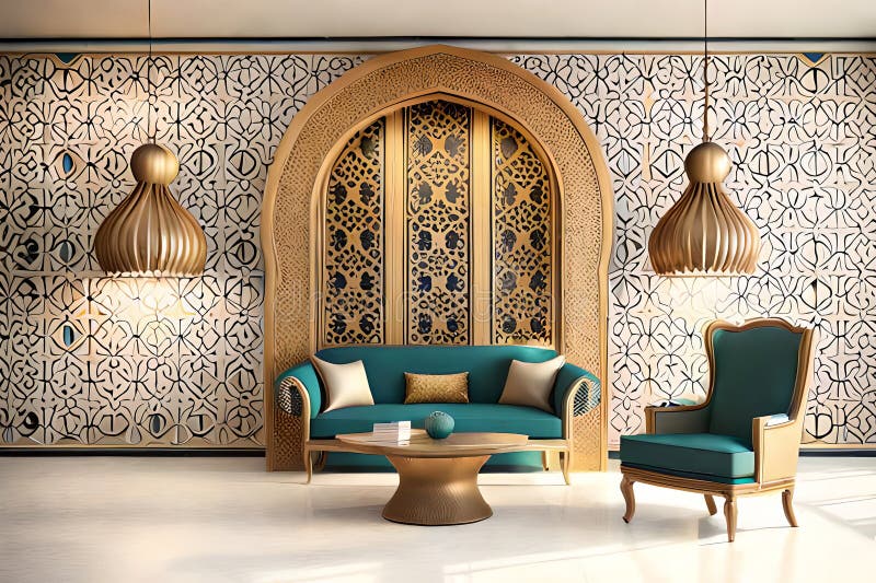 Arabic, Islamic Style Interior. Rattan Chair, Table and Arabic Pattern ...