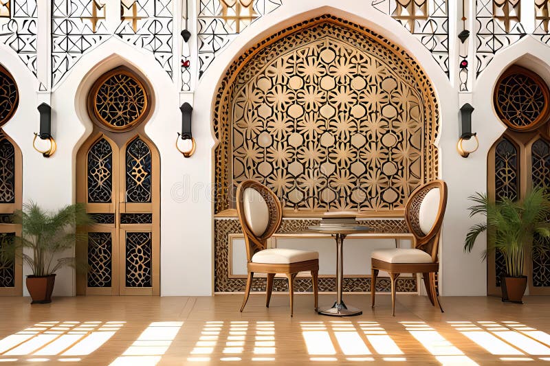 Arabic, Islamic Style Interior. Rattan Chair, Table and Arabic Pattern ...