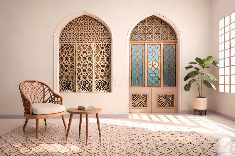 Arabic, Islamic Style Interior. Rattan Chair, Table and Arabic Pattern ...