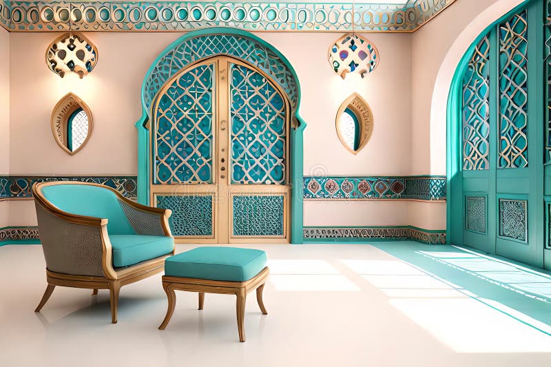 Arabic, Islamic Style Interior. Rattan Chair, Table and Arabic Pattern ...