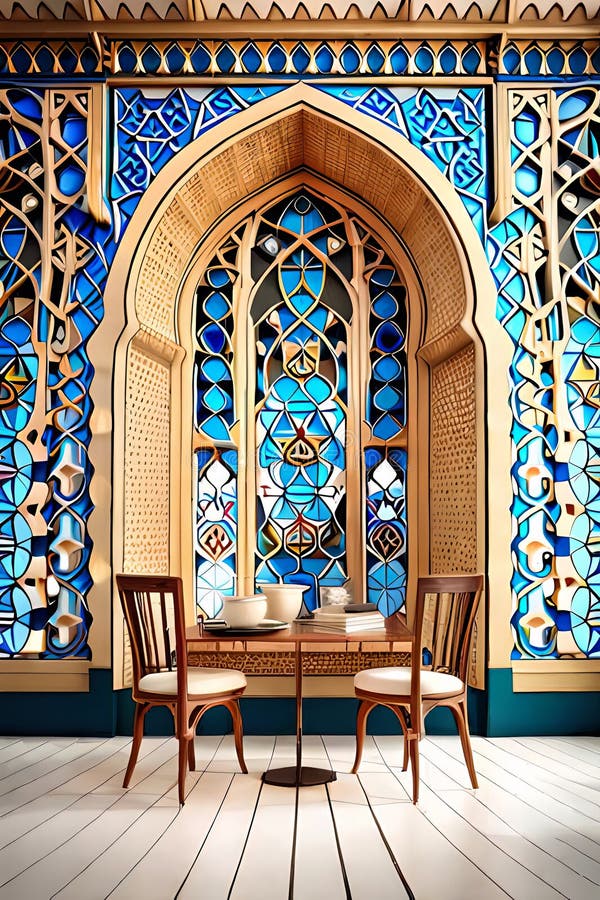 Arabic, Islamic Style Interior. Rattan Chair, Table and Arabic Pattern ...