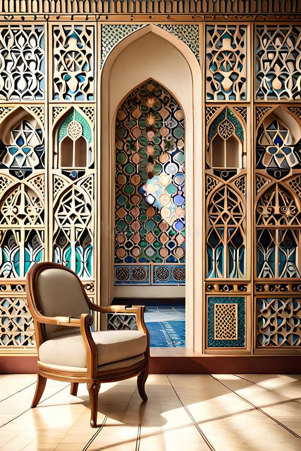 Arabic, Islamic Style Interior. Rattan Chair, Table and Arabic Pattern ...