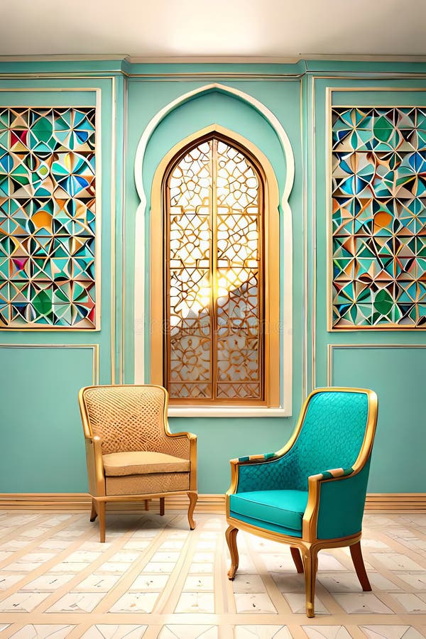 Arabic, Islamic Style Interior. Rattan Chair, Table and Arabic Pattern ...