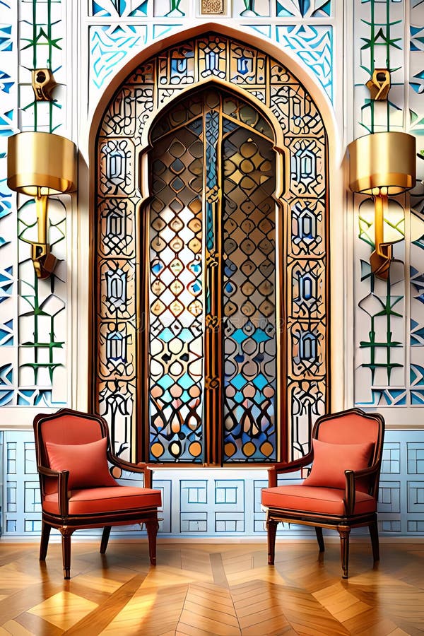 Arabic, Islamic Style Interior. Rattan Chair, Table and Arabic Pattern ...