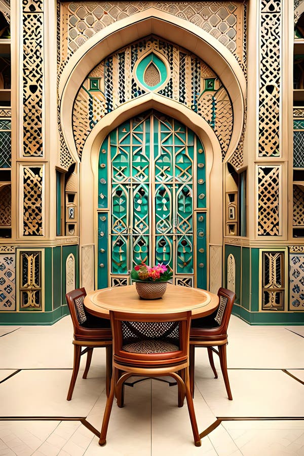 Arabic, Islamic Style Interior. Rattan Chair, Table and Arabic Pattern ...