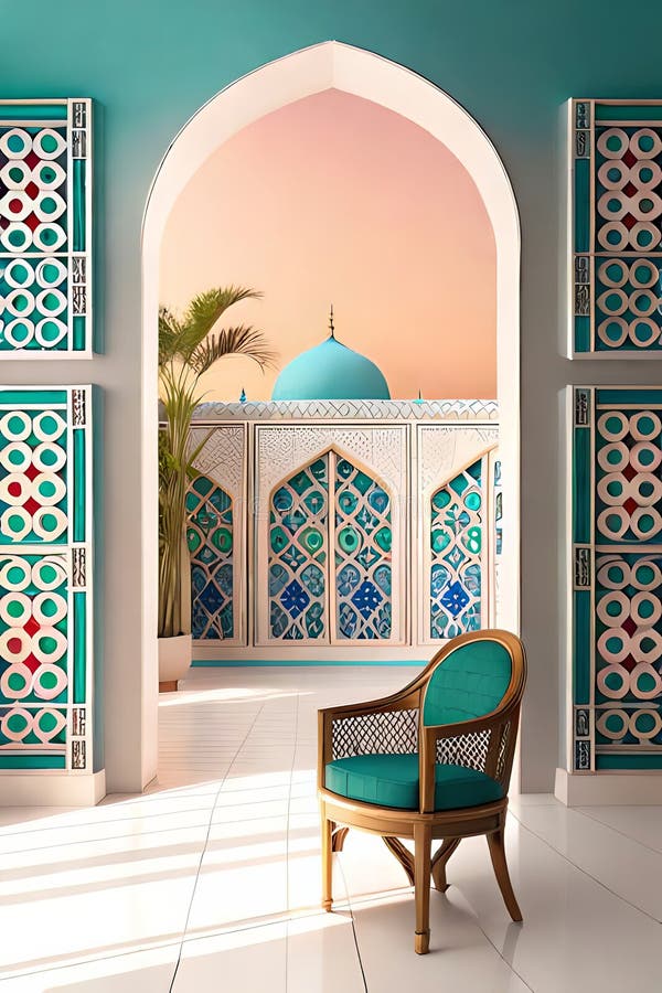 Arabic, Islamic Style Interior. Rattan Chair, Table and Arabic Pattern ...