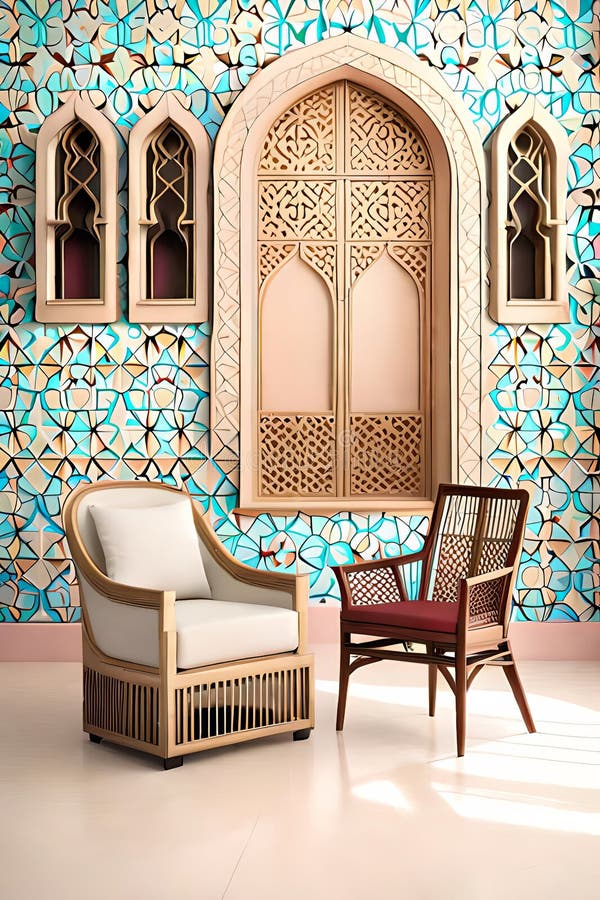 Arabic, Islamic Style Interior. Rattan Chair, Table and Arabic Pattern ...