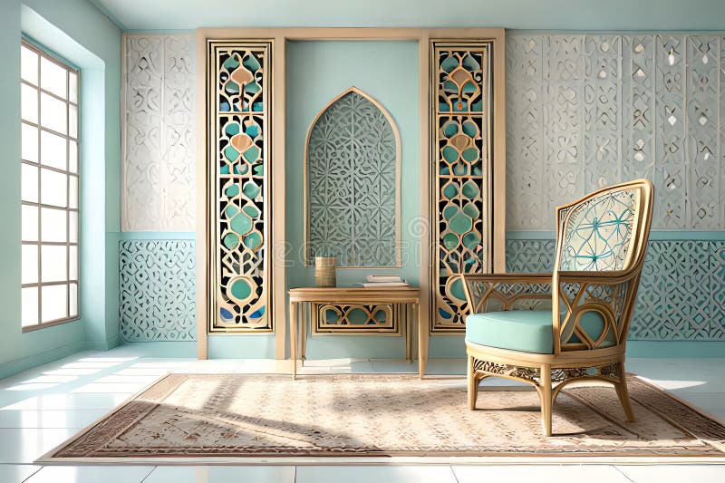 Arabic, Islamic Style Interior. Rattan Chair, Table and Arabic Pattern ...