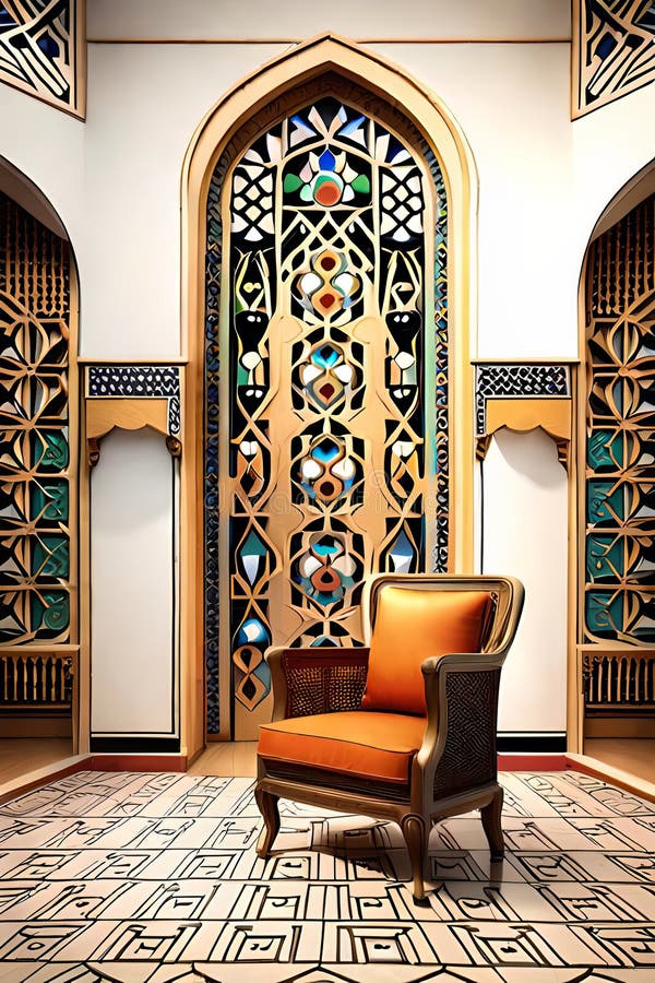 Arabic, Islamic Style Interior. Rattan Chair, Table and Arabic Pattern ...