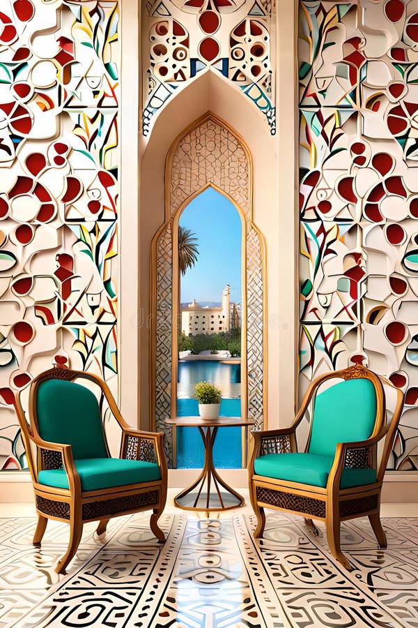 Arabic, Islamic Style Interior. Rattan Chair, Table and Arabic Pattern ...