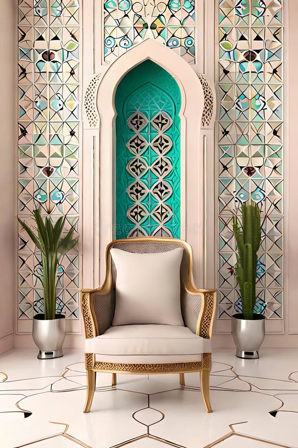 Arabic, Islamic Style Interior. Rattan Chair, Table and Arabic Pattern ...