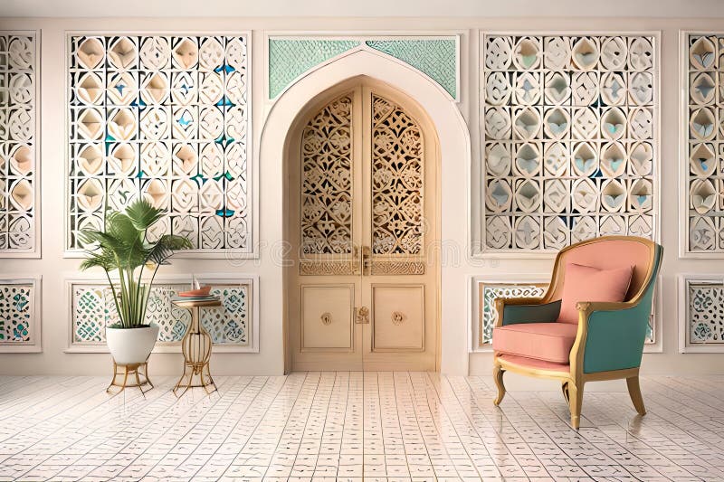 Arabic, Islamic Style Interior. Rattan Chair, Table and Arabic Pattern ...