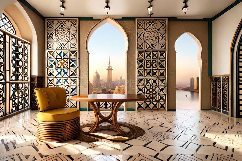 Arabic, Islamic Style Interior. Rattan Chair, Table and Arabic Pattern ...