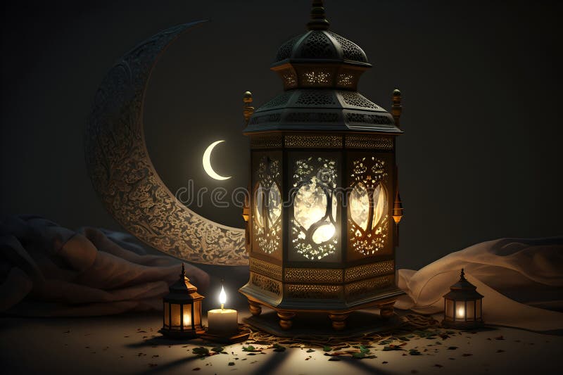 Arabic Lantern with Burning Candle Shining at Night on a Table, Moon in ...