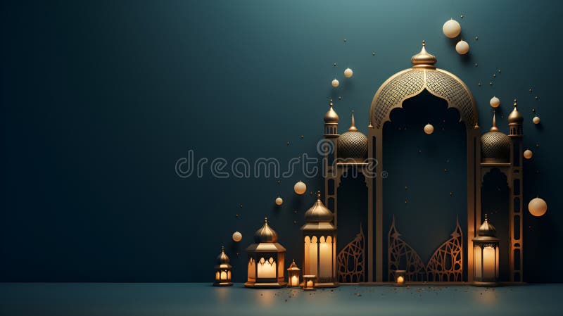 Arabic Lanterns with Mosque Arches on Blue Background, Ramadan Stock ...