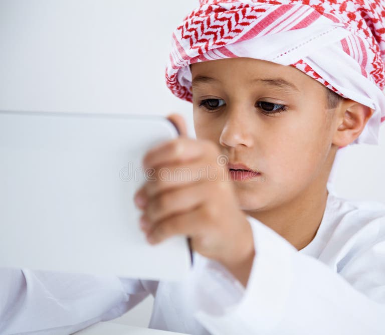 Arabic Little Boy Using Tablet Stock Image - Image of alone, lifestyle ...