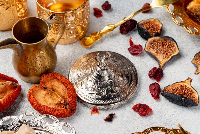 Arabic Metal Dishware and Dry Fruits on Table Stock Photo - Image of ...