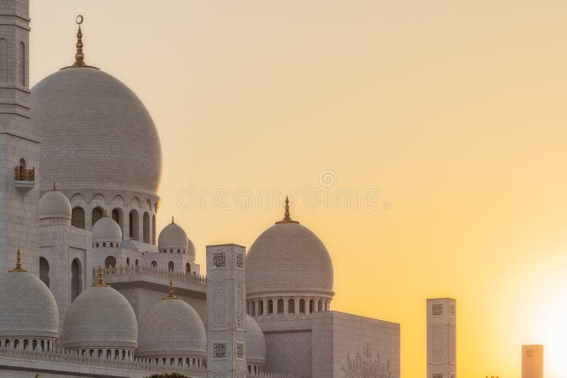 Arabic Mosque Facade with Domes, with Sunset Light. Great Mosque. UAE ...
